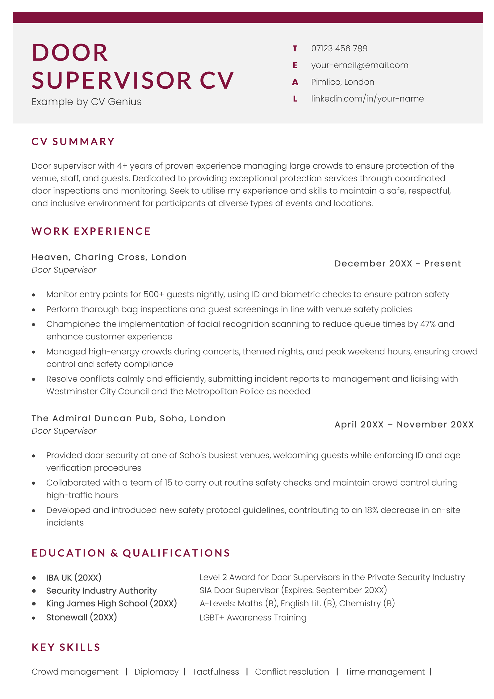 3 Door Supervisor CV Examples for 2025 (Free Download)