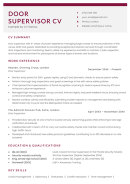 Door Supervisor CV Example For 2025 Free Download 