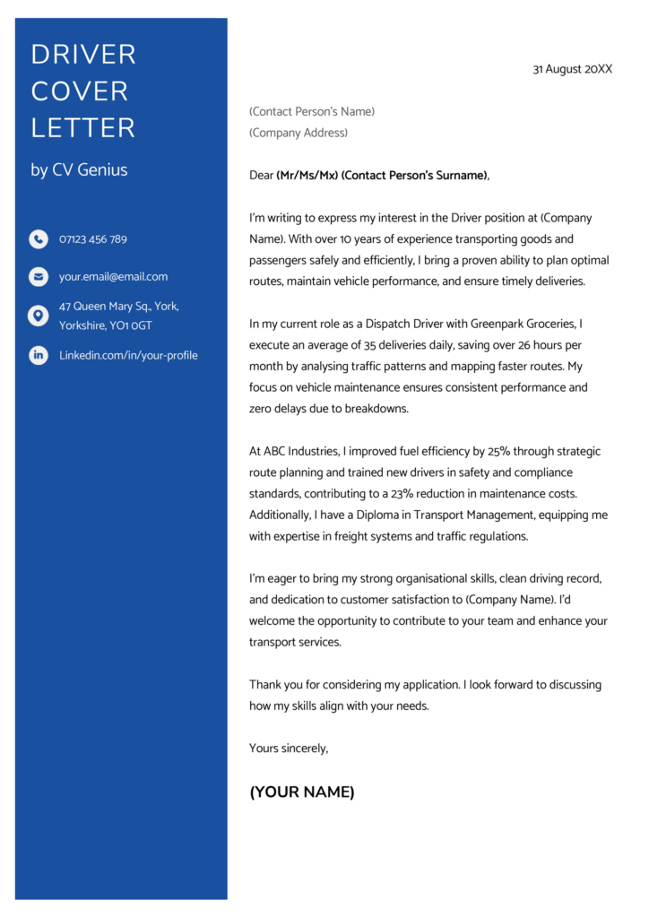 Cover Letter For Driver Job Example & Writing Tips for 2025