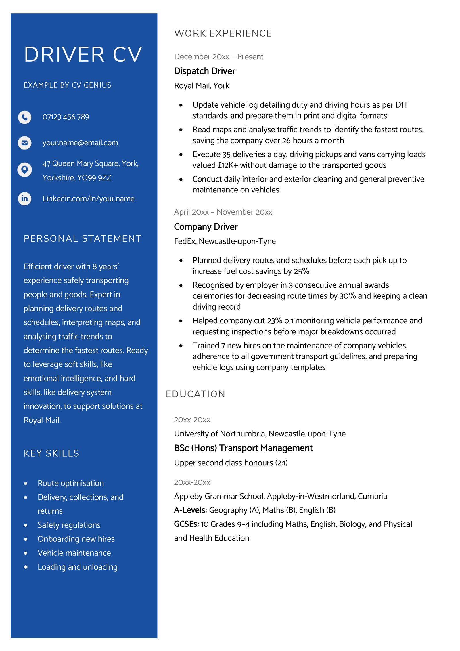 Driver CV Example Word Template Free Download 