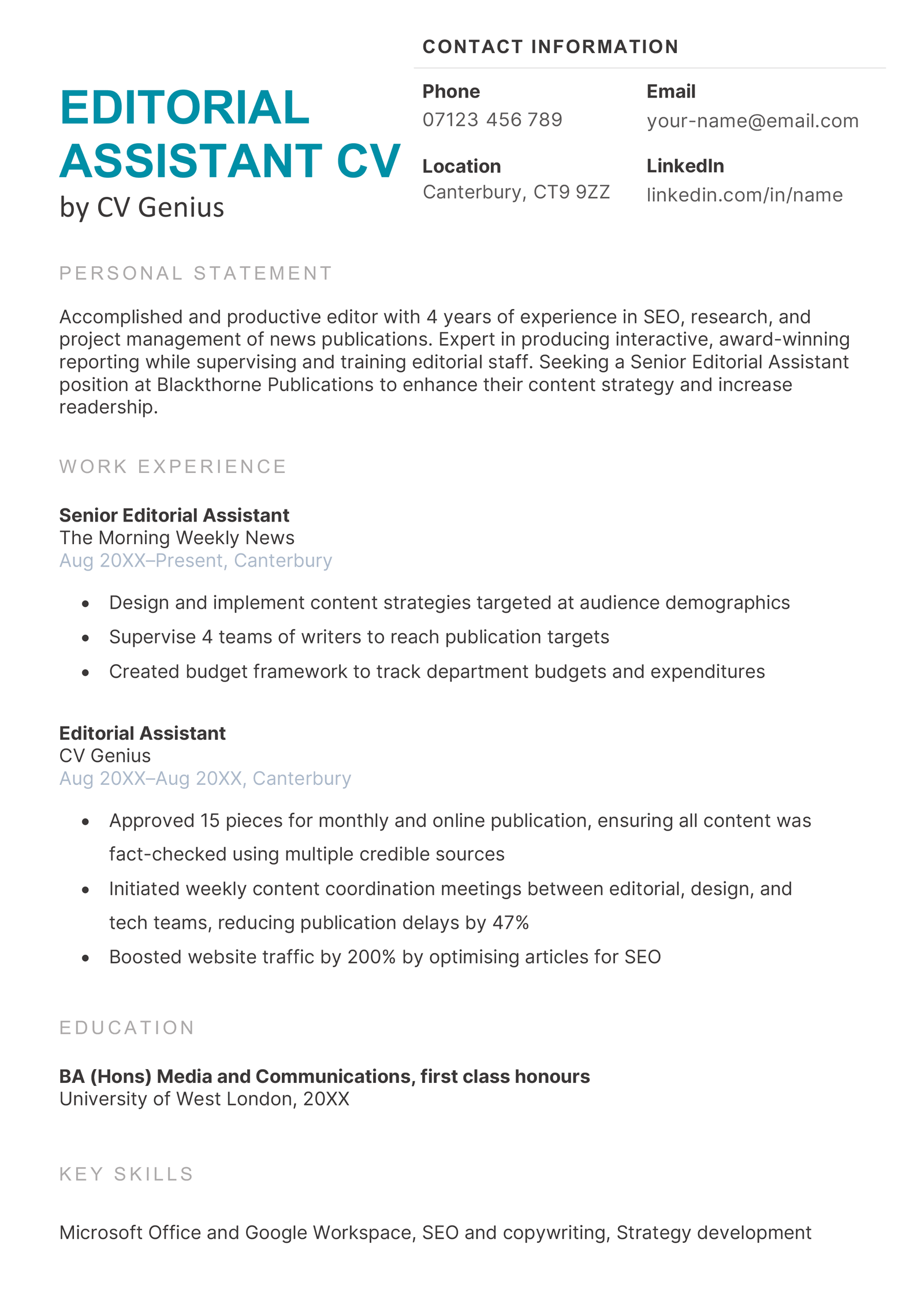 Editorial Assistant CV Example - Free Download