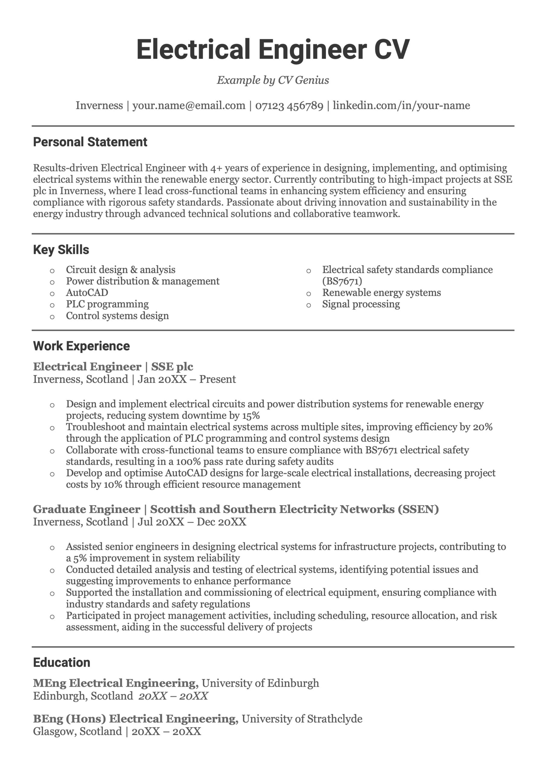 Electrical Engineer CV Example for 2025