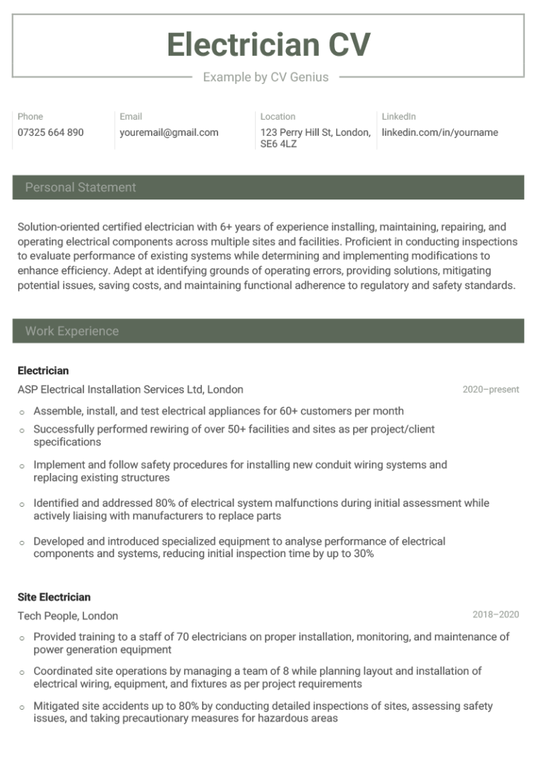Electrician CV Example UK Template Free Download 