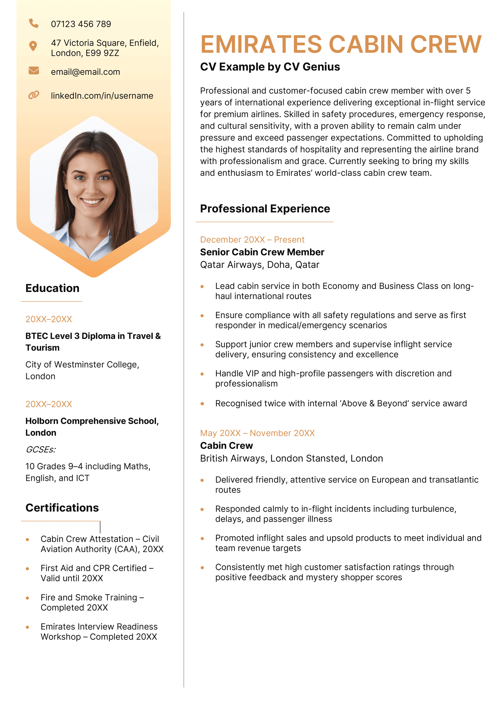 2 Cabin Crew CV Examples, Template, & Writing Guide
