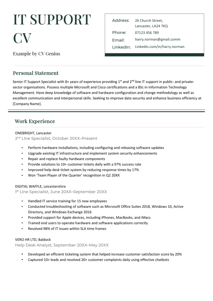 IT Support CV Examples - Free Download