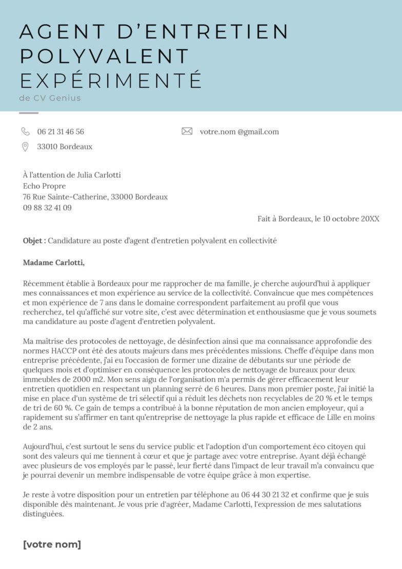 Exemple de lettre de motivation agent d'entretien + conseils