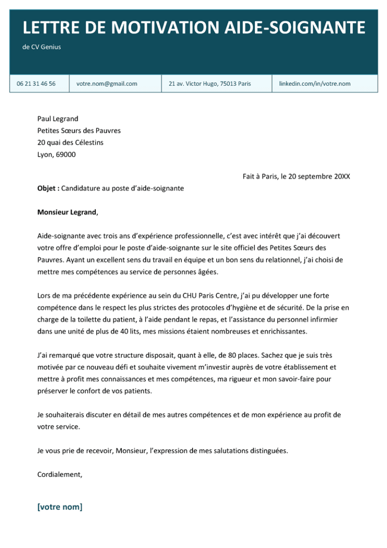 Lettre de motivation aide soignante - modèle et conseils Lettre de motivation aide soignante - modèle et conseils