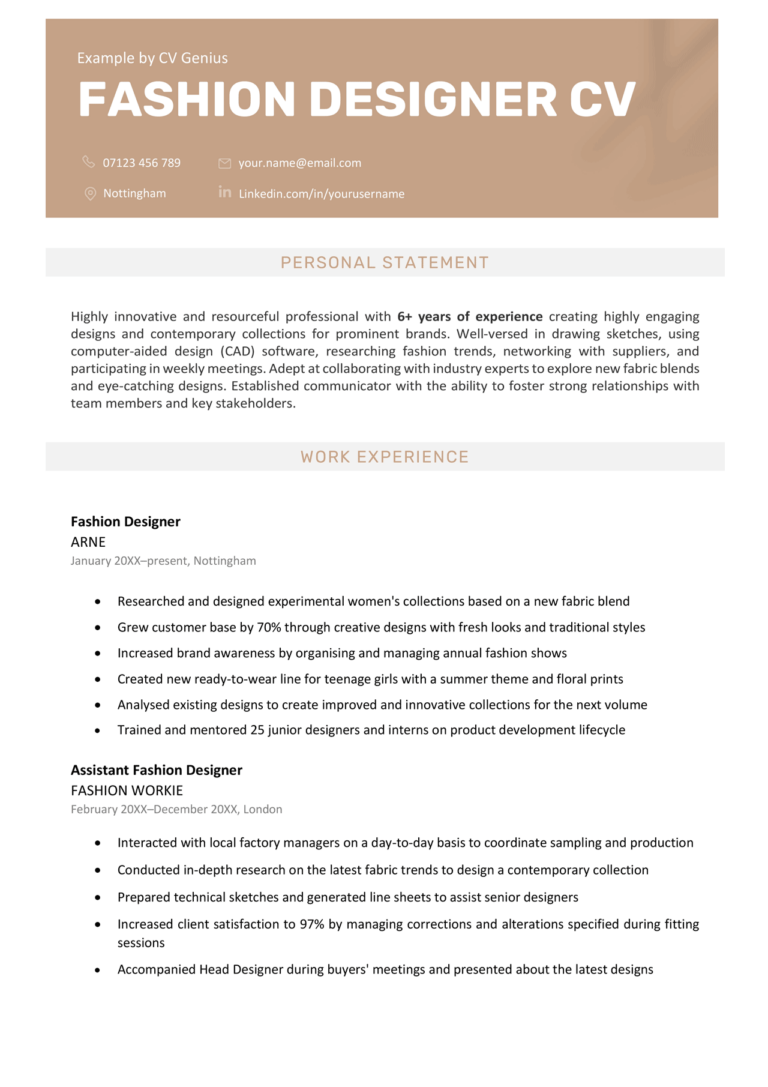 Fashion Designer CV Example 35 Skills Free Template