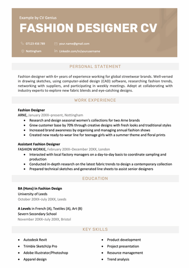 Fashion Designer CV Example & 35 Skills for 2026