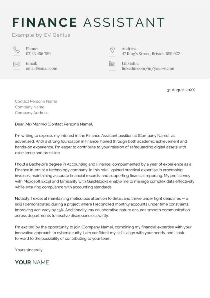 Finance Assistant Cover Letter Example & Writing Tips