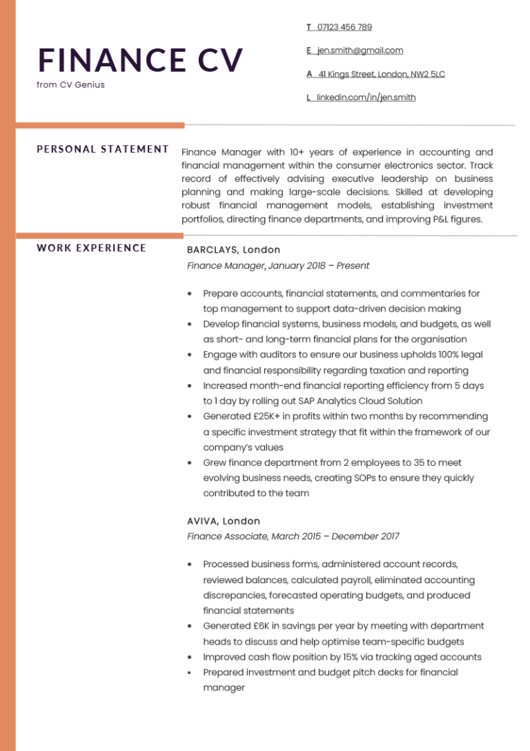 Finance CV: Example & Writing Help