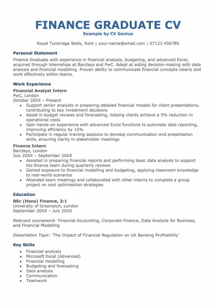 Finance Graduate CV: Example, Template, & Writing Tips