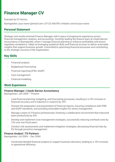Finance Manager CV: Free Examples, Template, & Writing Guide