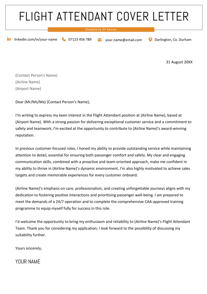 Flight Attendant Cover Letter Example & Writing Tips