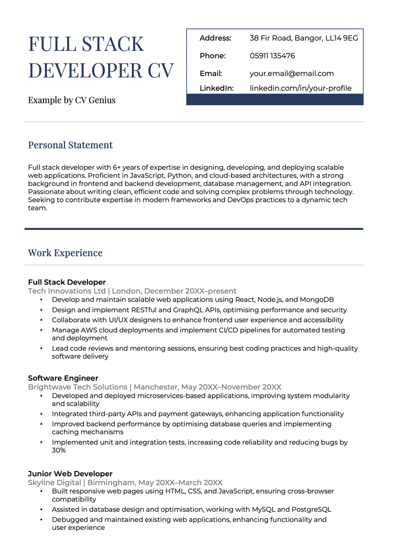 Web Developer CV Examples, Template, & Writing Guide for 2026