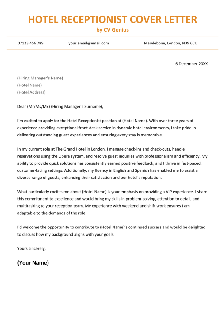 Hotel Receptionist Cover Letter Example & Writing Tips