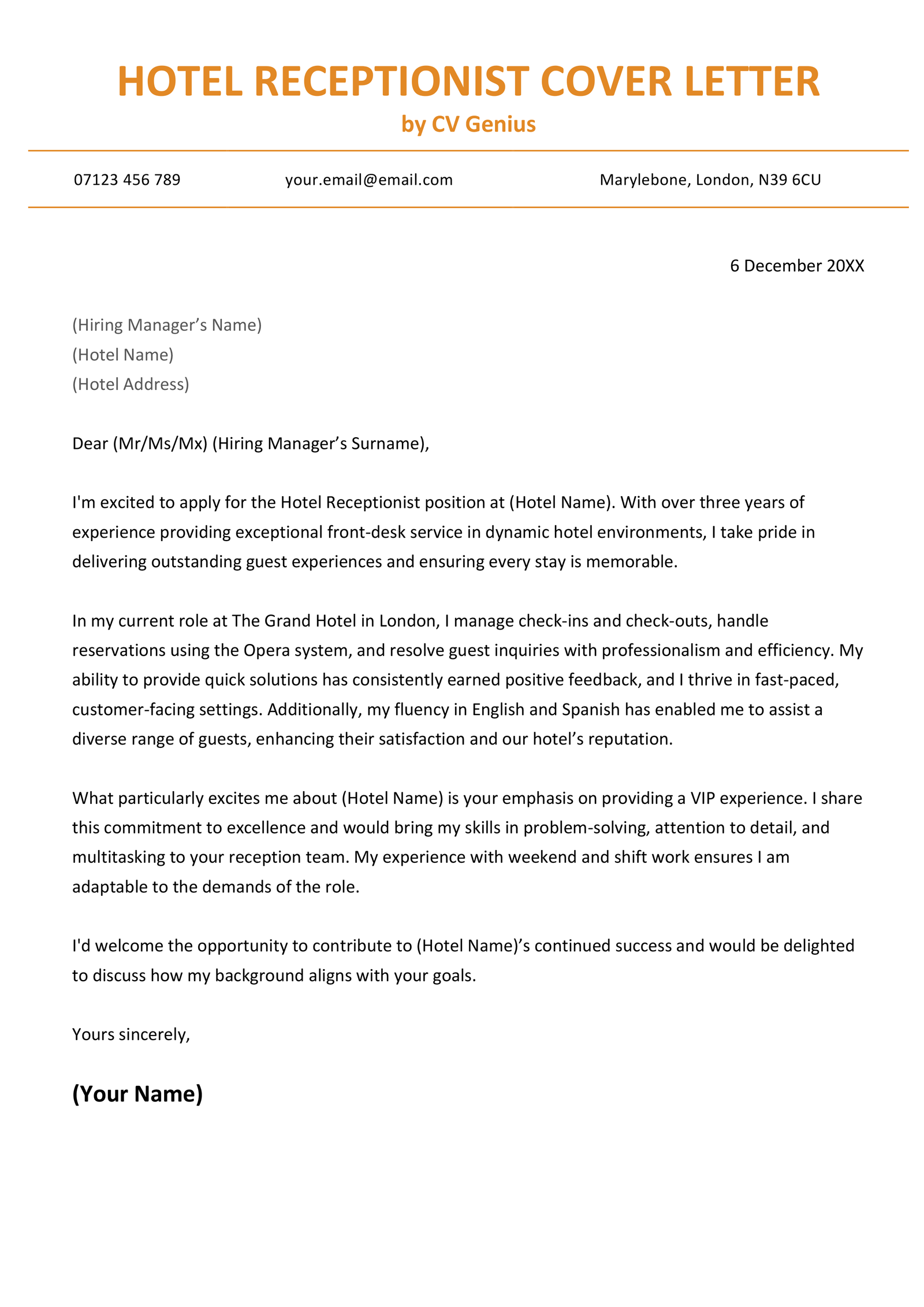 Hotel Receptionist Cover Letter Example & Writing Tips