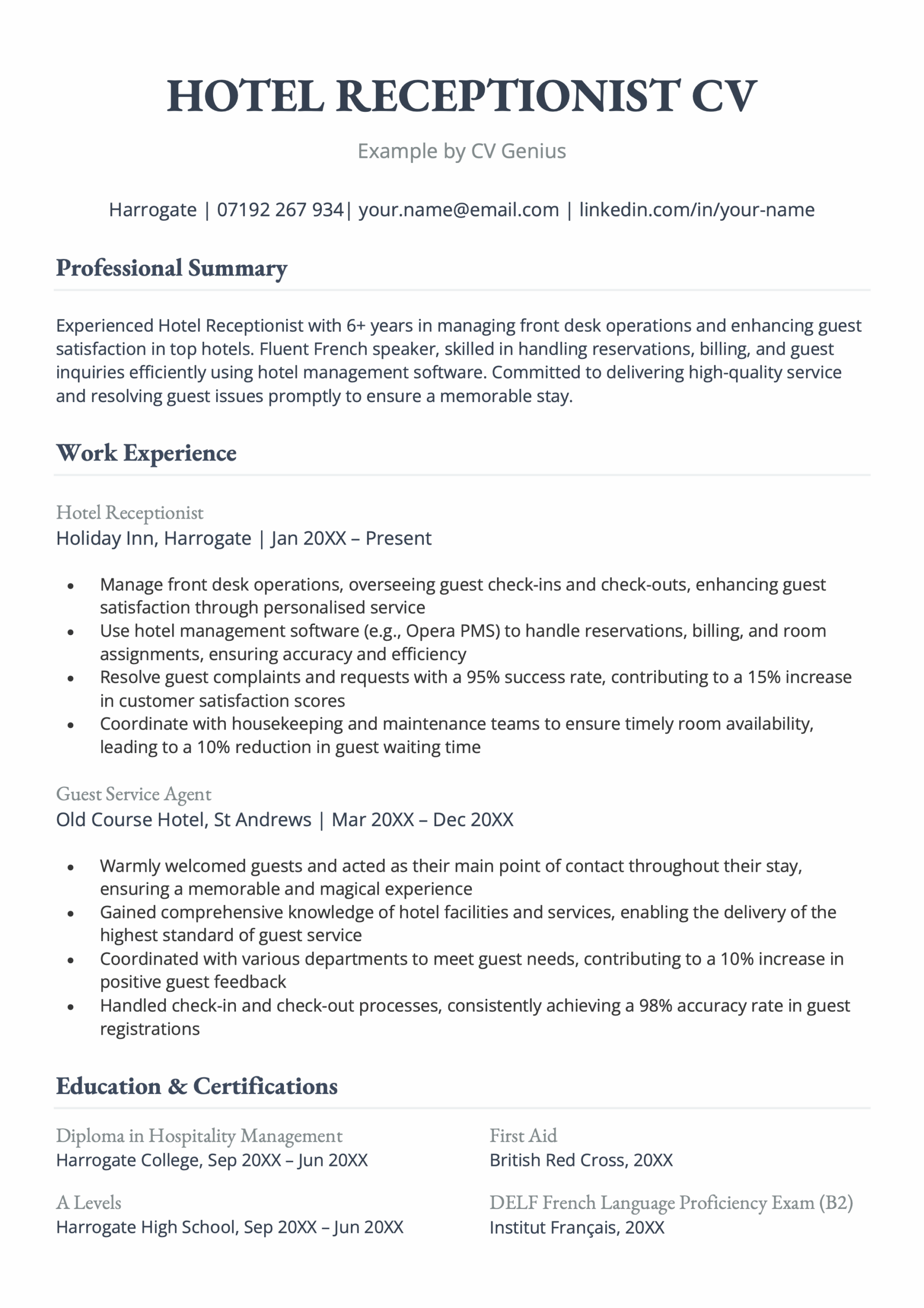Hotel Receptionist CV Example & Writing Tips for 2025