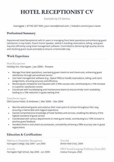 Hotel Receptionist CV Example & Writing Tips for 2025