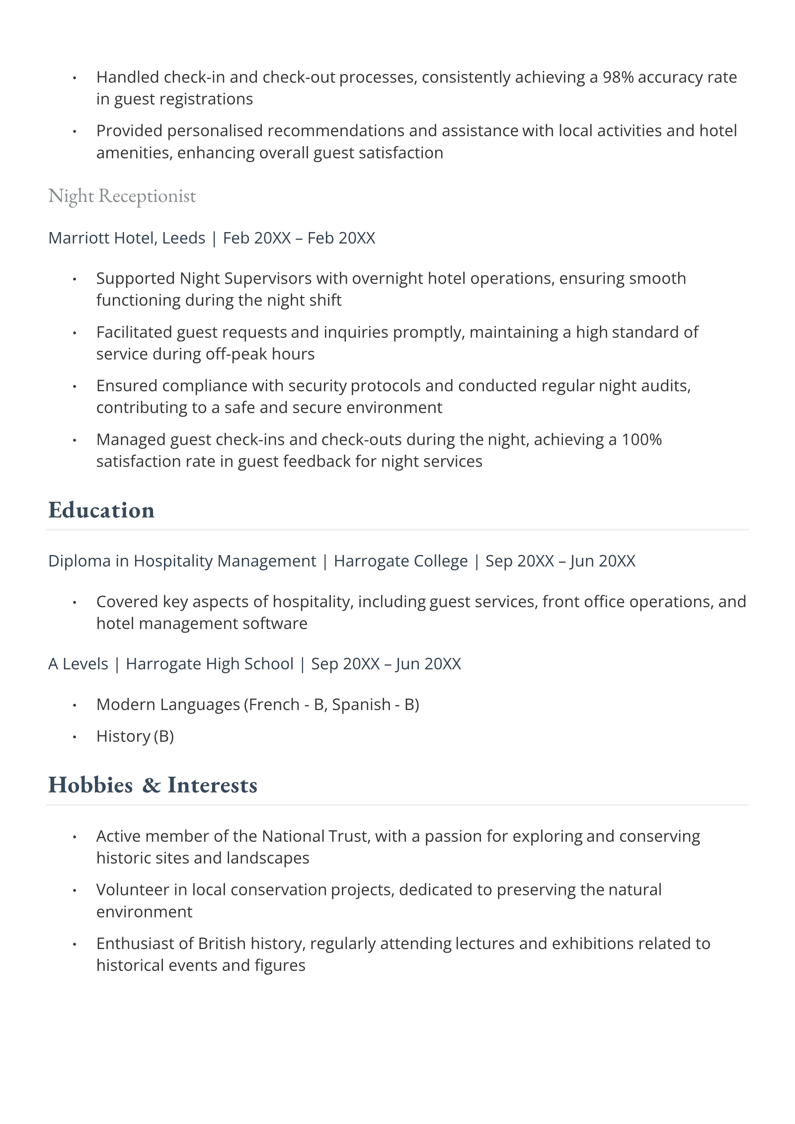 Hotel Receptionist CV Example & Writing Tips for 2025
