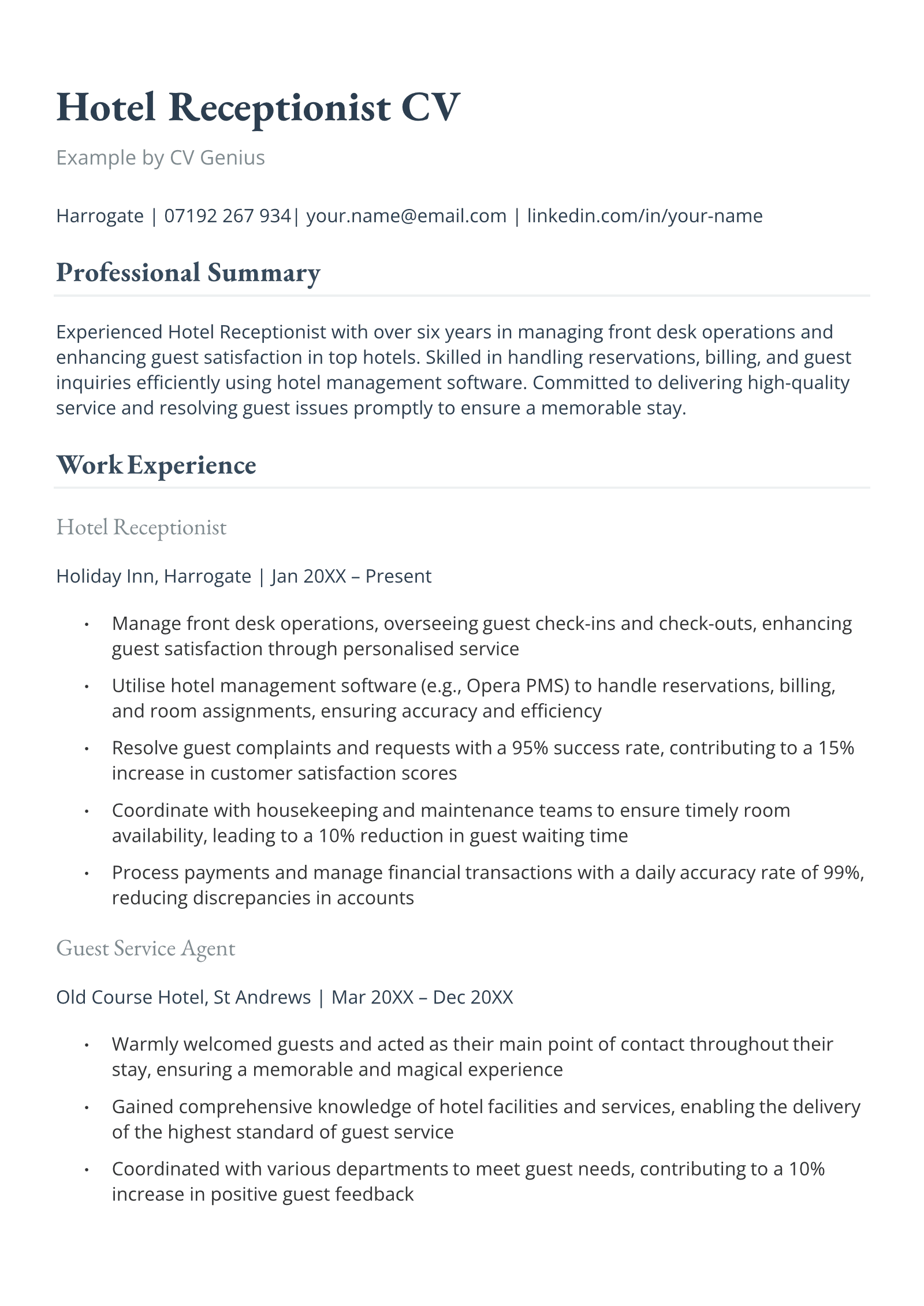 Hotel Receptionist Cv Example & Writing Tips For 2025