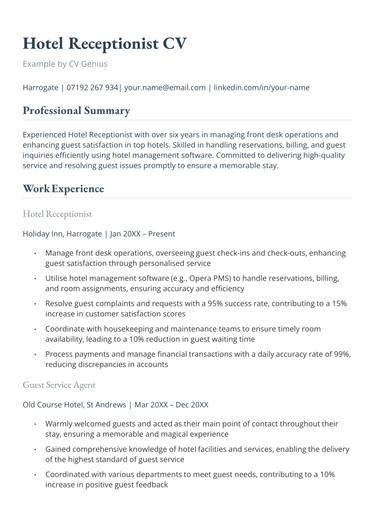 Hotel Receptionist CV Example & Writing Tips for 2025