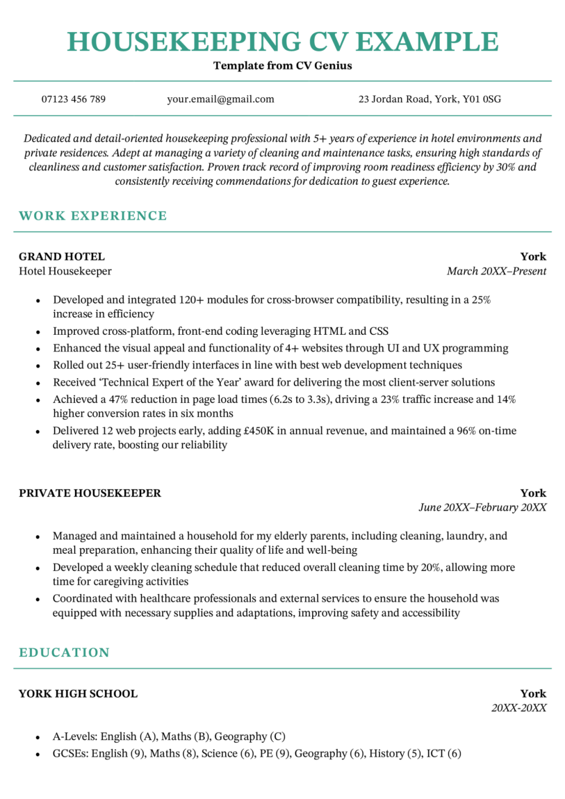 Housekeeping CV - Example, Free Template, & How to Write