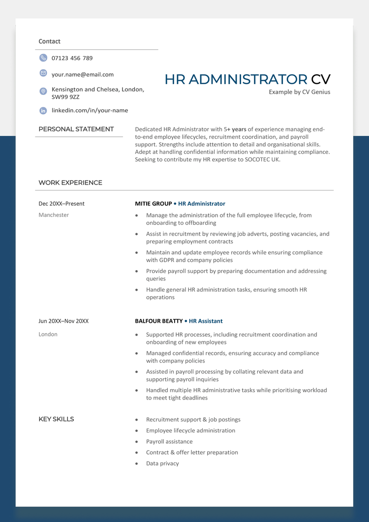 HR Administrator CV Example, Template, & Writing Guide