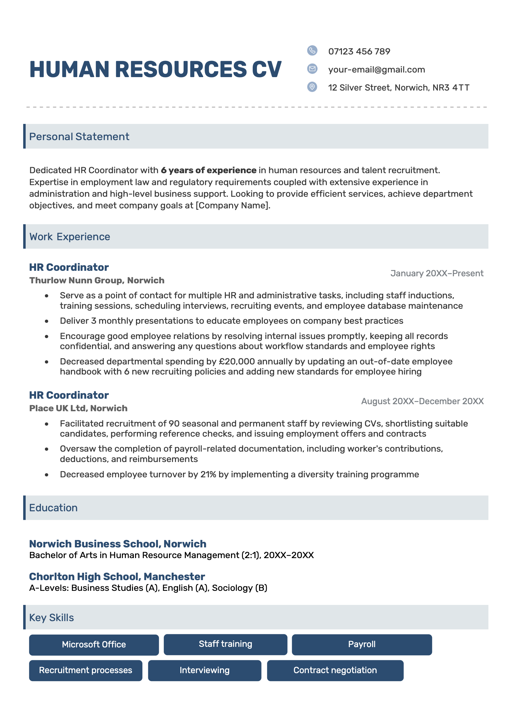 Human Resources HR CV Example Writing Tips