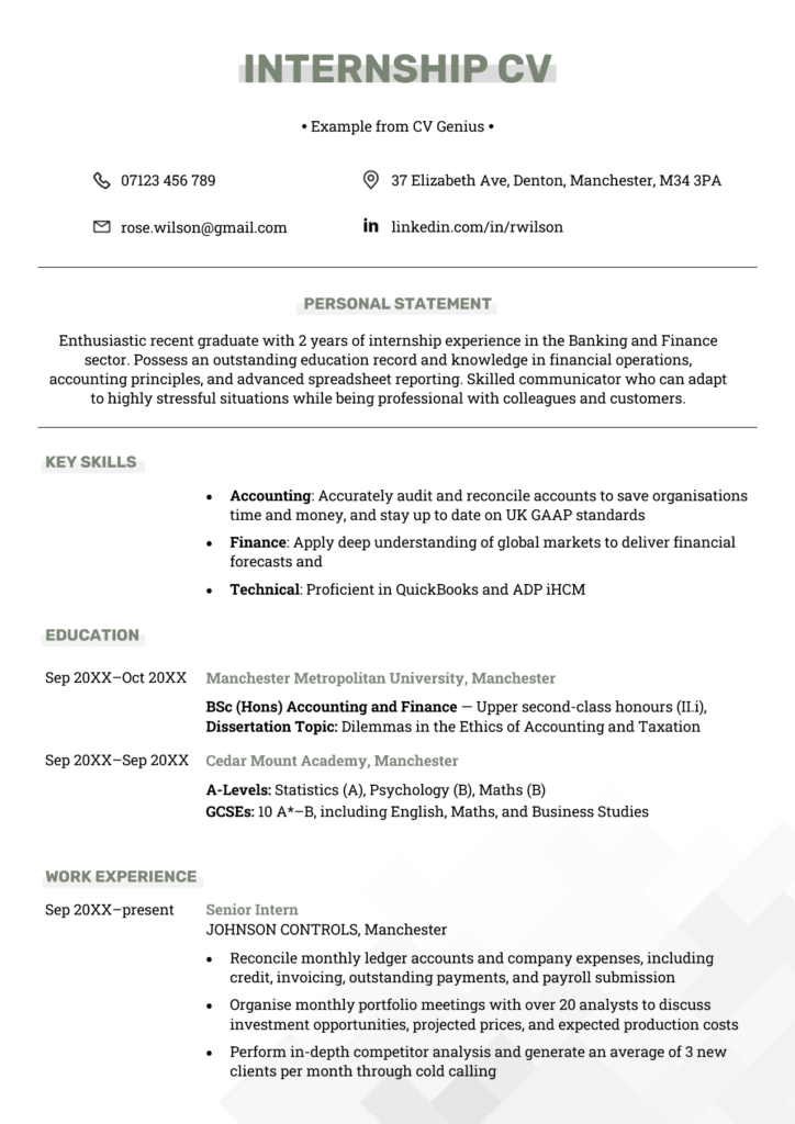 Internship CV Example UK Template Free Download 