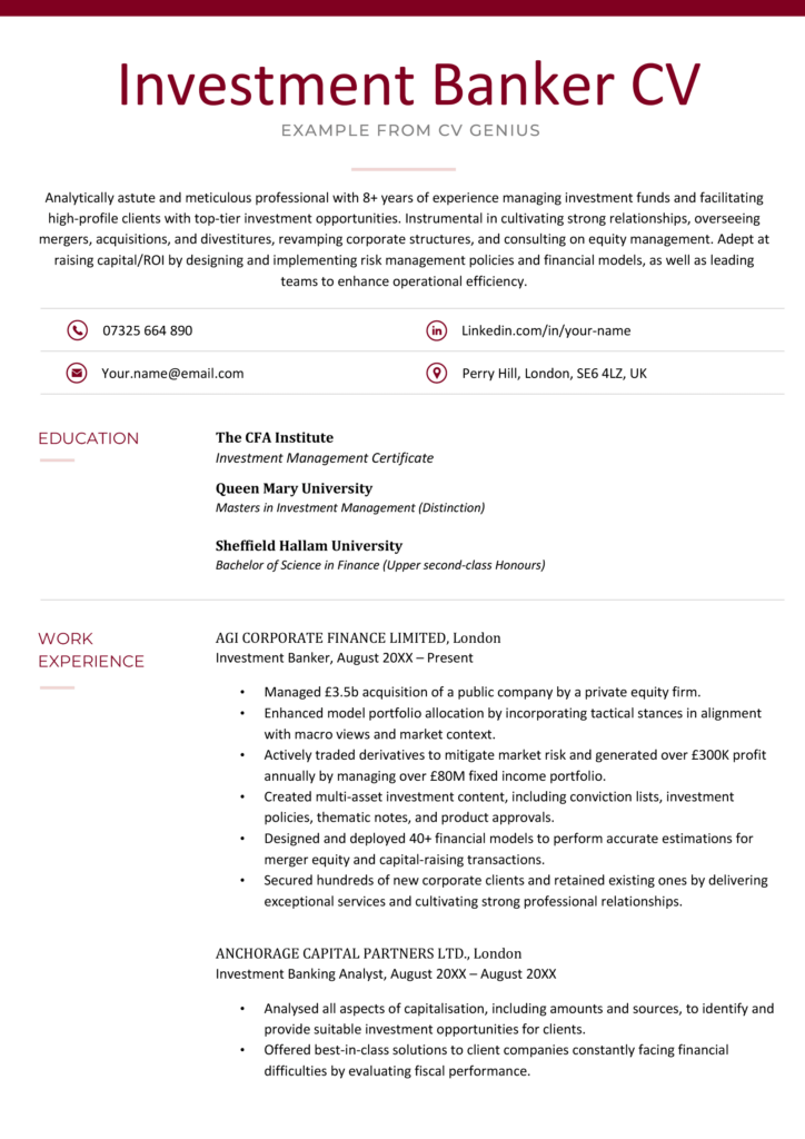 Investment Banker CV: Template, Example, & Writing Tips