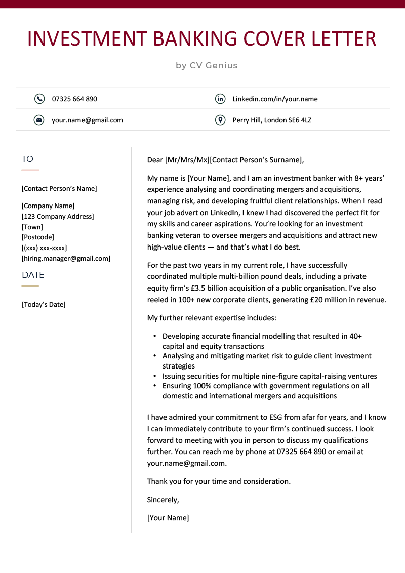 Investment Banking Cover Letter Example Free Template