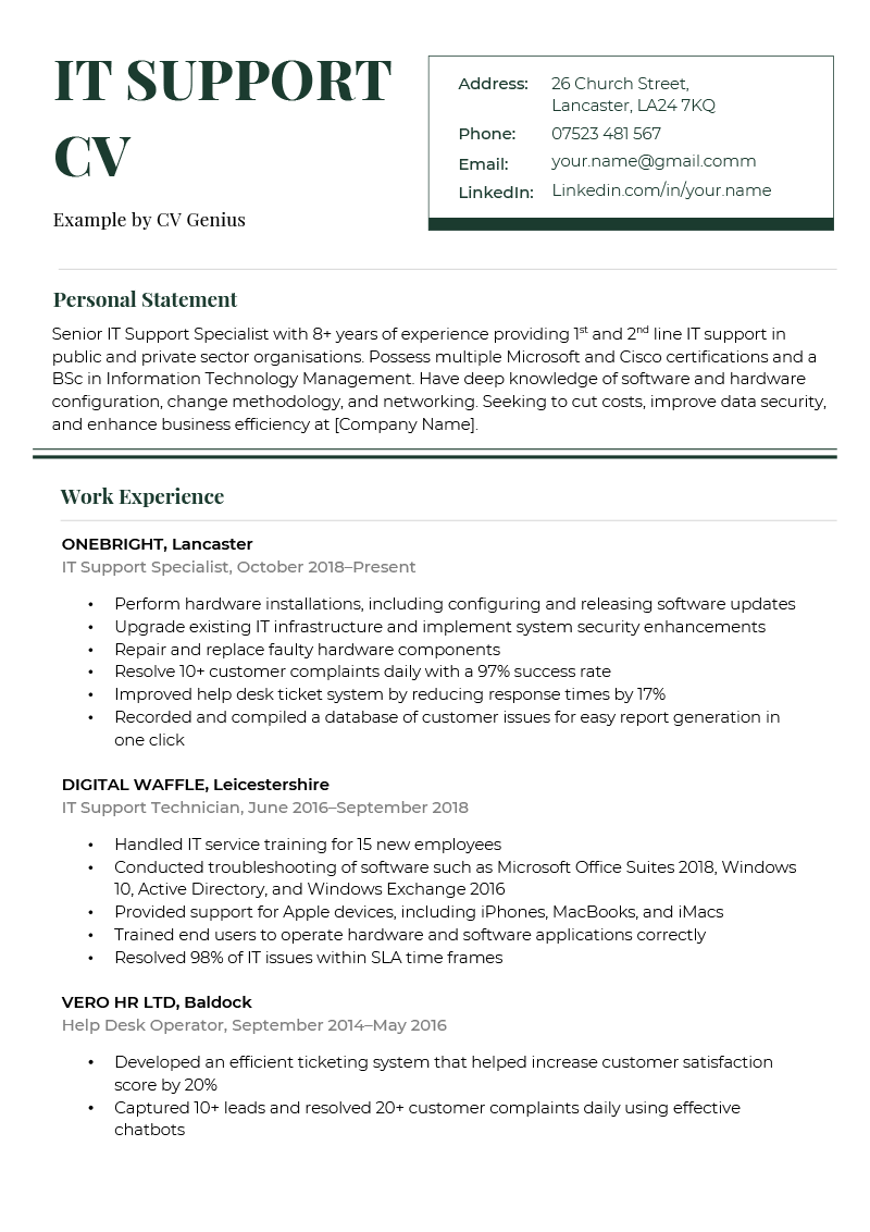 IT Support CV Example UK Template Free Download 