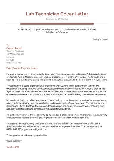 Lab Technician Cover Letter (examples & Writing Tips)