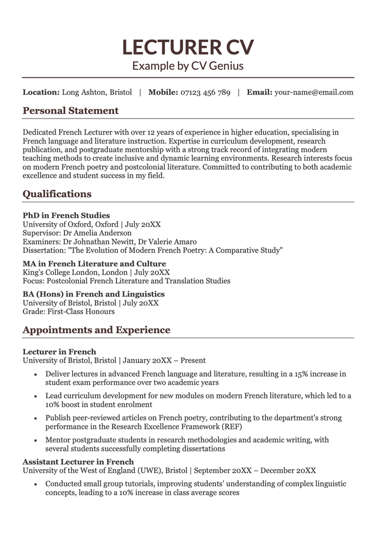 Lecturer CV: Free Example, Template, & Writing Tips