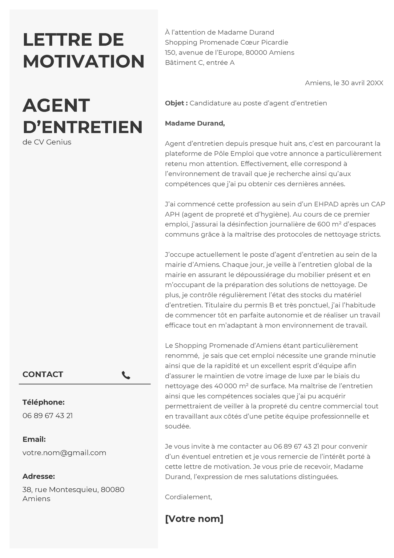 Exemple de lettre de motivation agent d'entretien + conseils