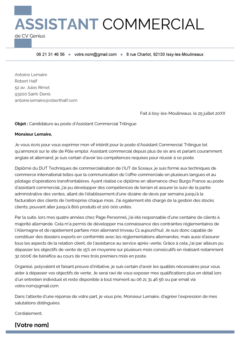 Exemple lettre de motivation assistant commercial