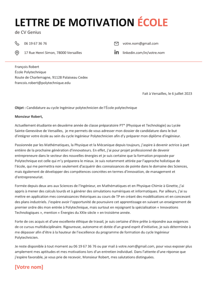 Lettre de motivation école – Modèle et exemple Lettre de motivation école – Modèle et exemple
