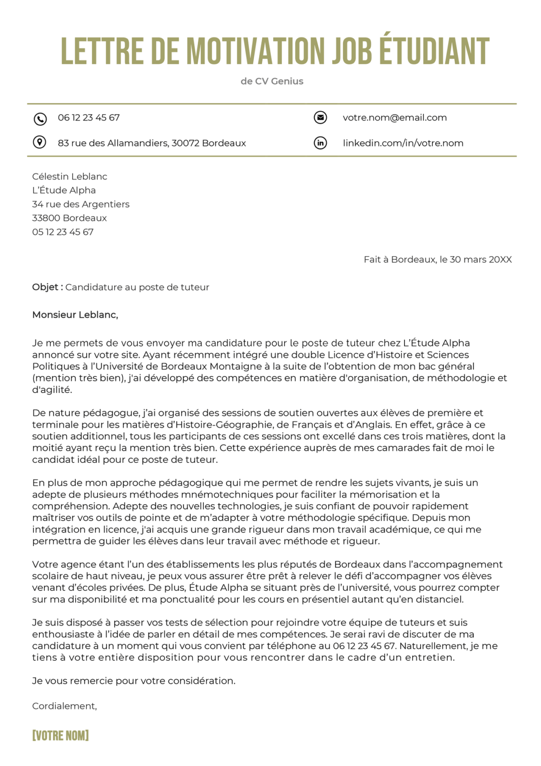 Lettre de motivation étudiant, exemple et conseils