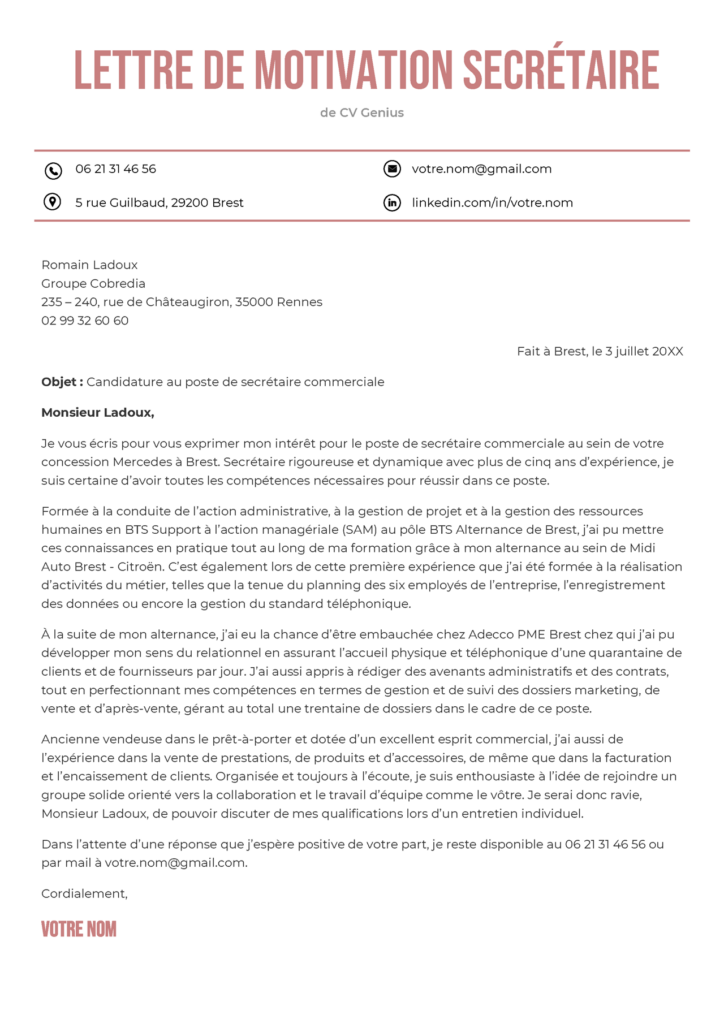 Lettre de motivation secrétaire – Modèle et exemple Lettre de motivation secrétaire – Modèle et exemple