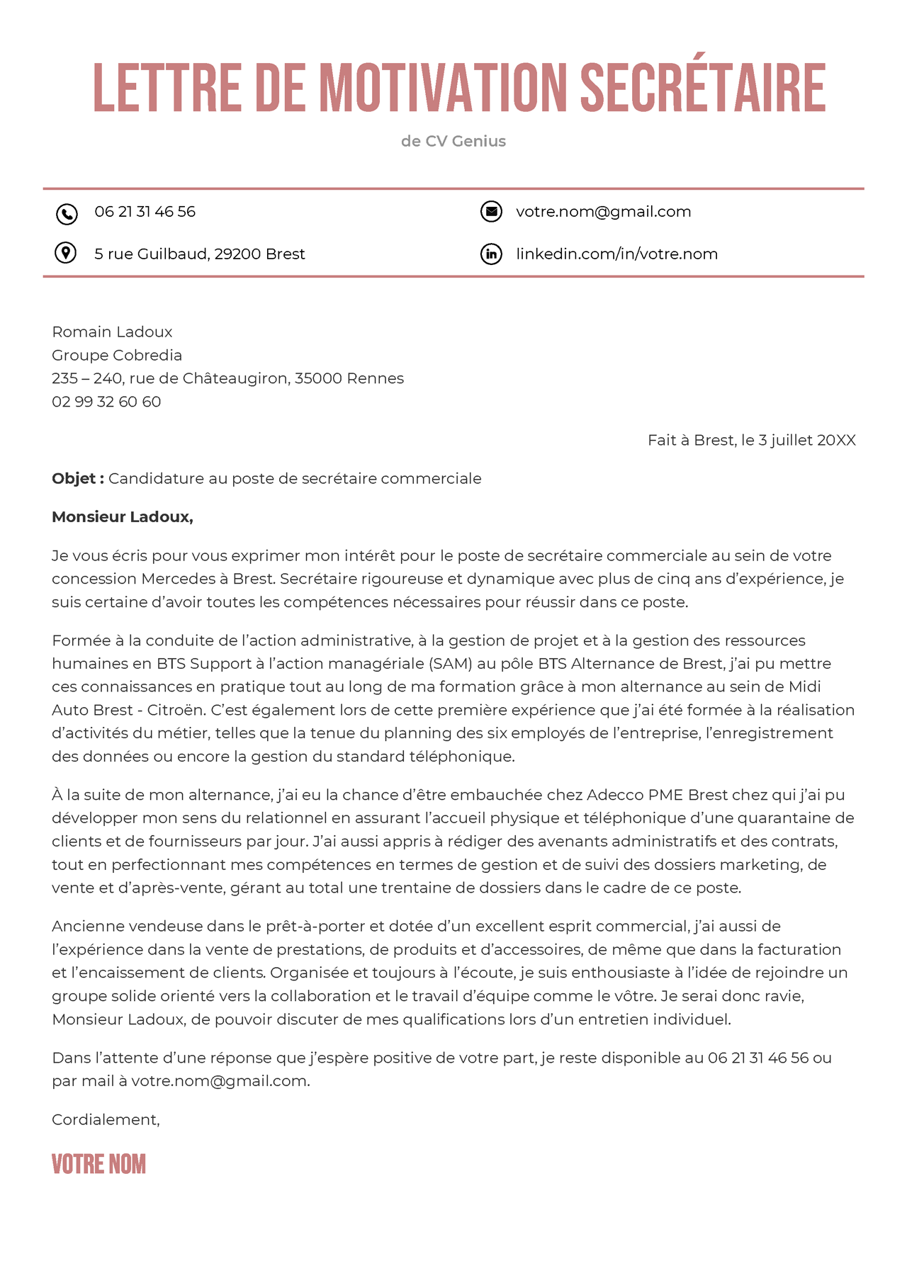 Modèle et exemple de lettre de motivation secrétaire