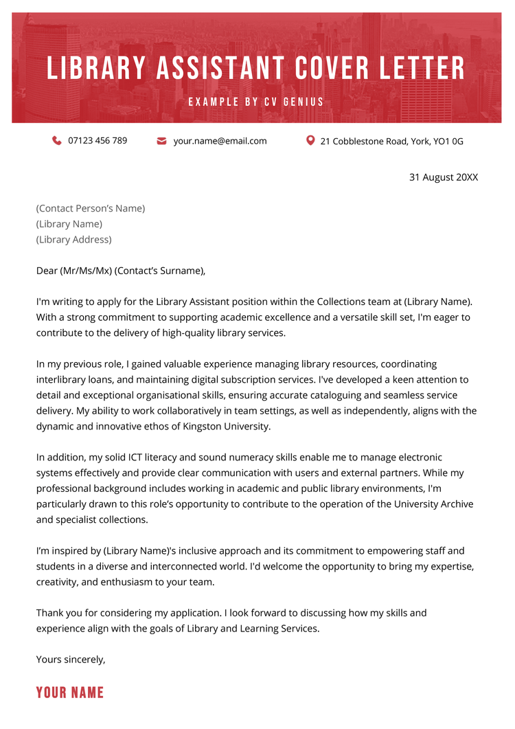 Library Assistant Cover Letter Example & Writing Tips for 2025