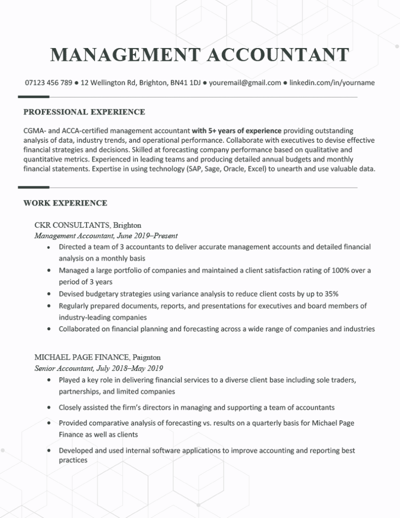 Management Accountant CV - Example & Skills (Free Download)