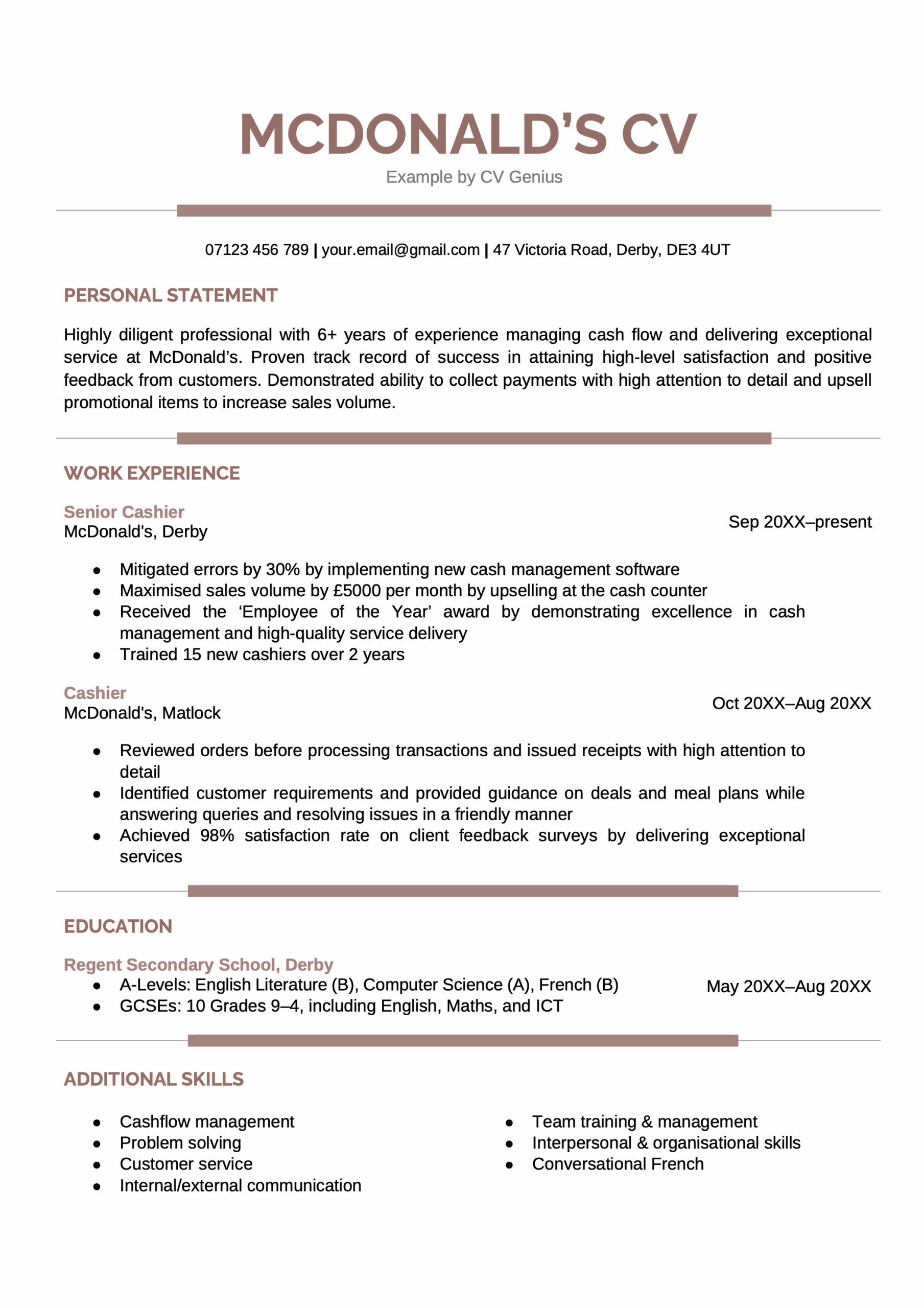 McDonald's Crew Member CV for 2026