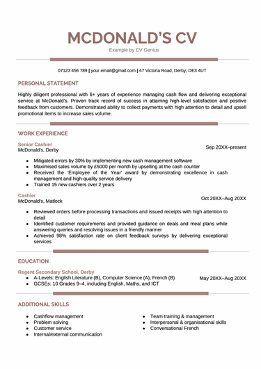 McDonald's Crew Member CV for 2025