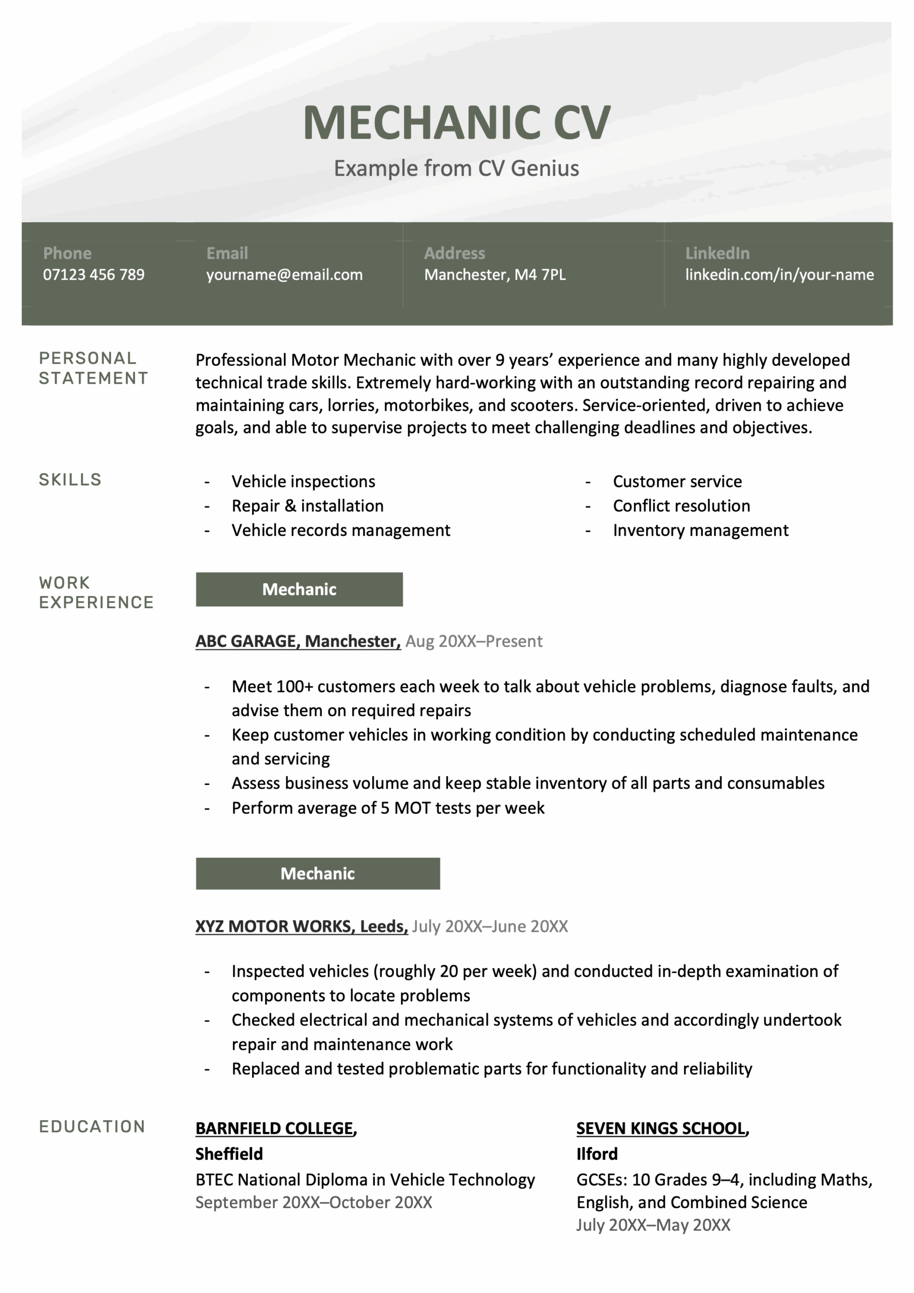 Mechanic CV Example & Writing Guide for 2025