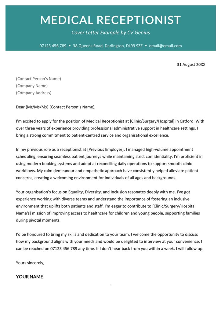 Example Cover Letter for a Medical Receptionist (& Writing Tips)