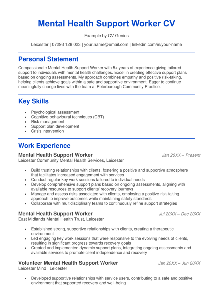 Mental Health Support Worker CV Example (with Writing Tips)