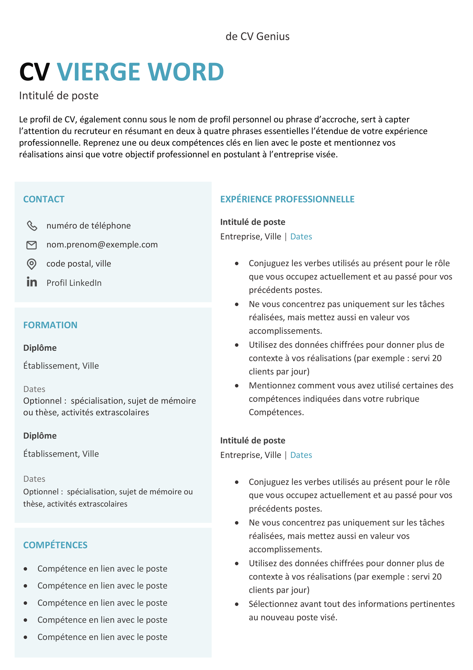 Modèles de CV vierge à remplir pour 2026