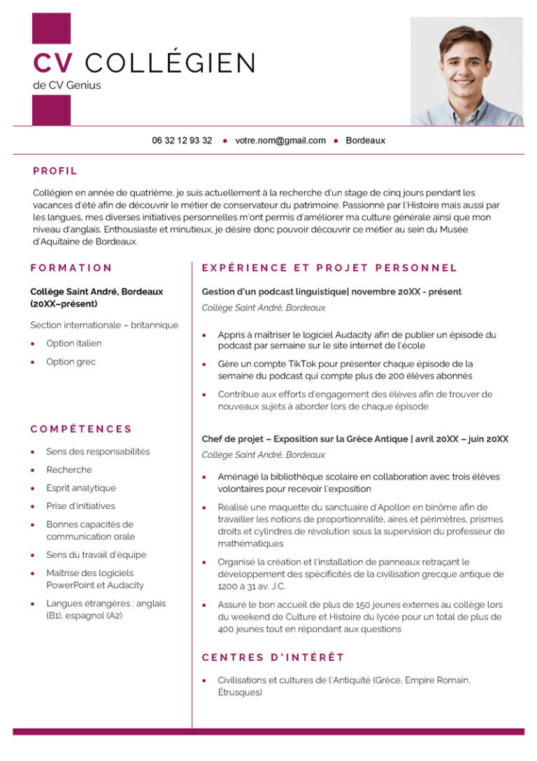 CV collégien – Modèle et exemple